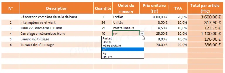 Modèle Excel de Facture avec numéro et TVA par article – OfficePourTous