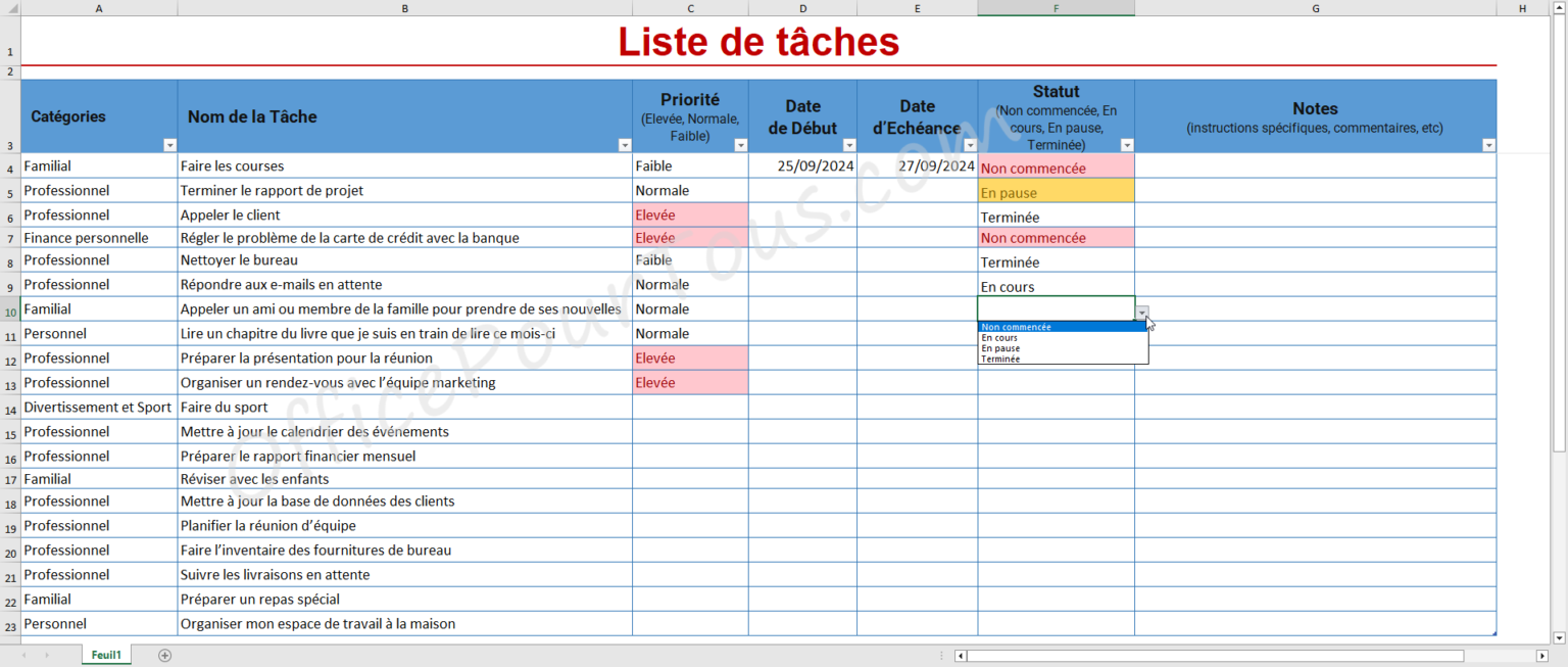 Modèle Excel Liste De Tâches Avec Catégories Et Statut En Menu Déroulant Officepourtous