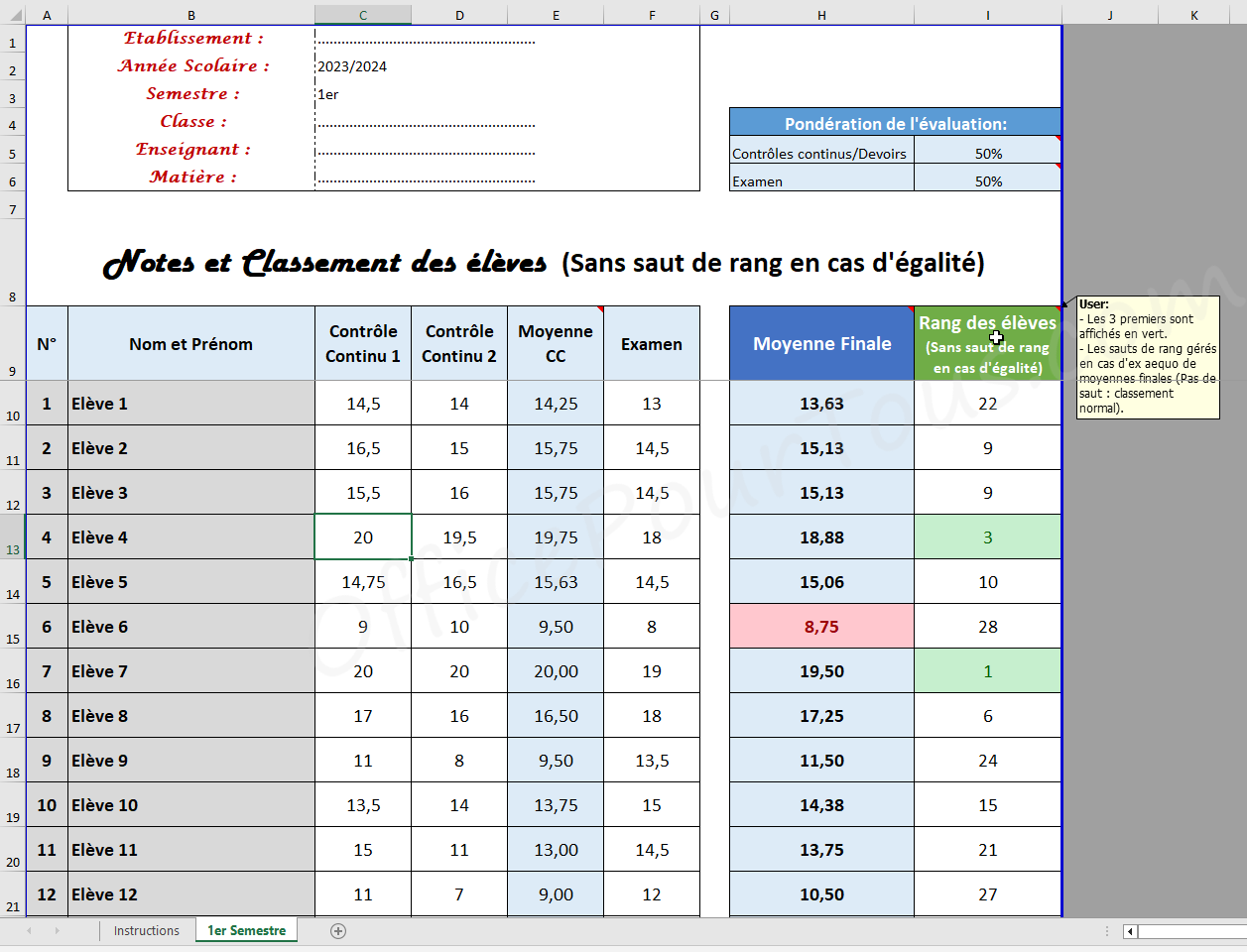 Gestion des Notes et Classement des Elèves pour Une Matière (Sans saut ...