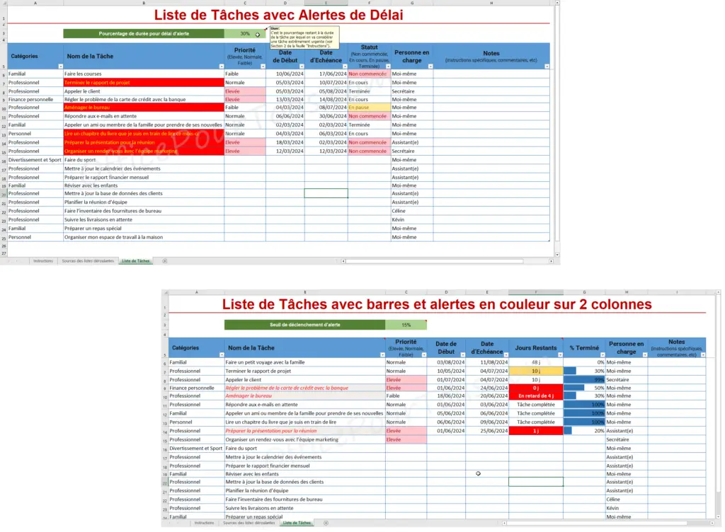 Pack Duo de modèles Excel: Listes de Tâches avec Alerte et Barres ...